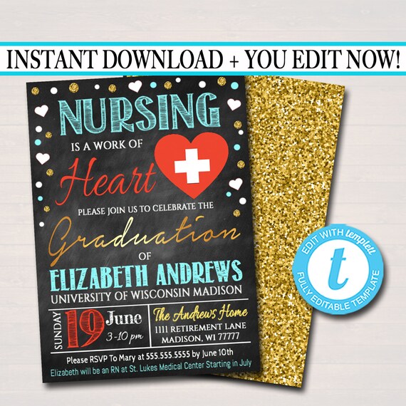 Editable Nurse Graduation Invitation Chalkboard Printable Digital ...