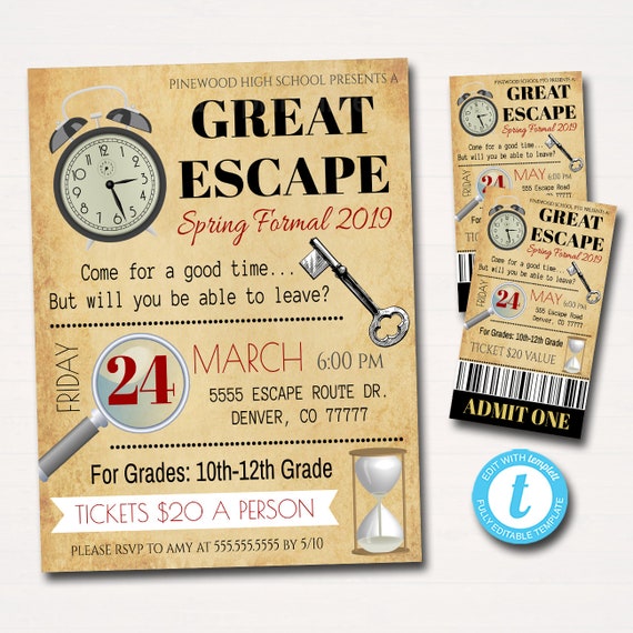 EDITABLE Escape Room Invite Flyer Ticket Set School Dance Party 