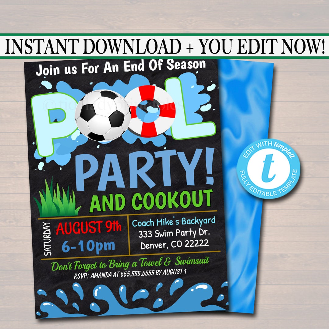 EDITABLE Summer Pool Soccer Party Invitation Printable Digital Invite ...