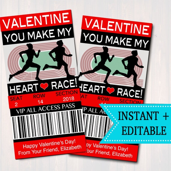 EDITABLE Track Ticket Valentine's Day Cards, INSTANT DOWNLOAD ...