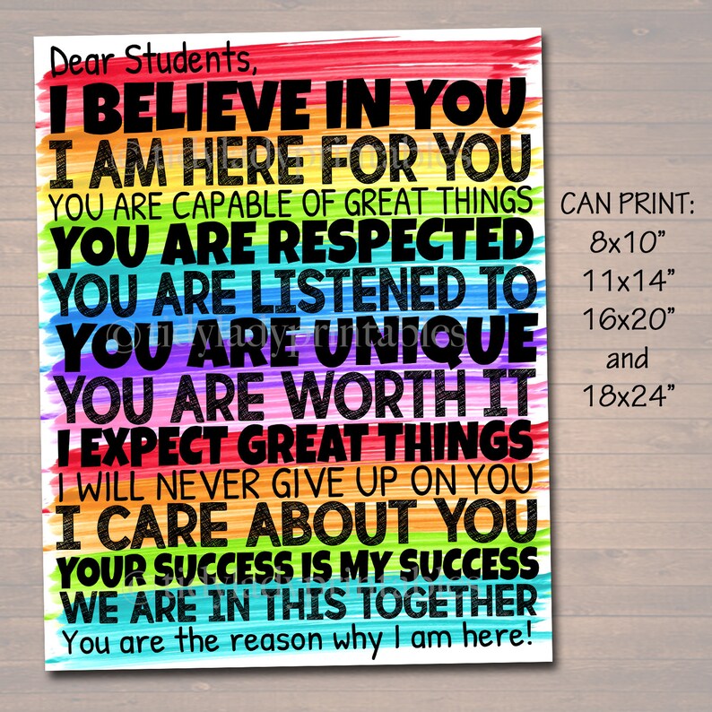 Dear Students Classroom Poster: Rainbow Watercolor Teacher Sign ...