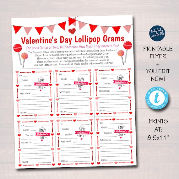 EDITABLE Valentine's Day Lollipop Candy Gram Flyer School - Etsy