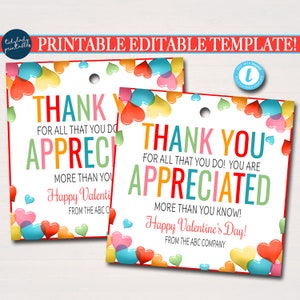 Valentine's Day Thank You Gift Tags, Teacher Staff Employee Nurse ...