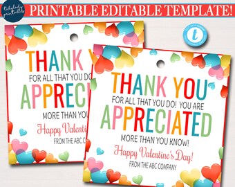 Valentine's Day Thank You Gift Tags, Teacher Staff Employee Nurse ...