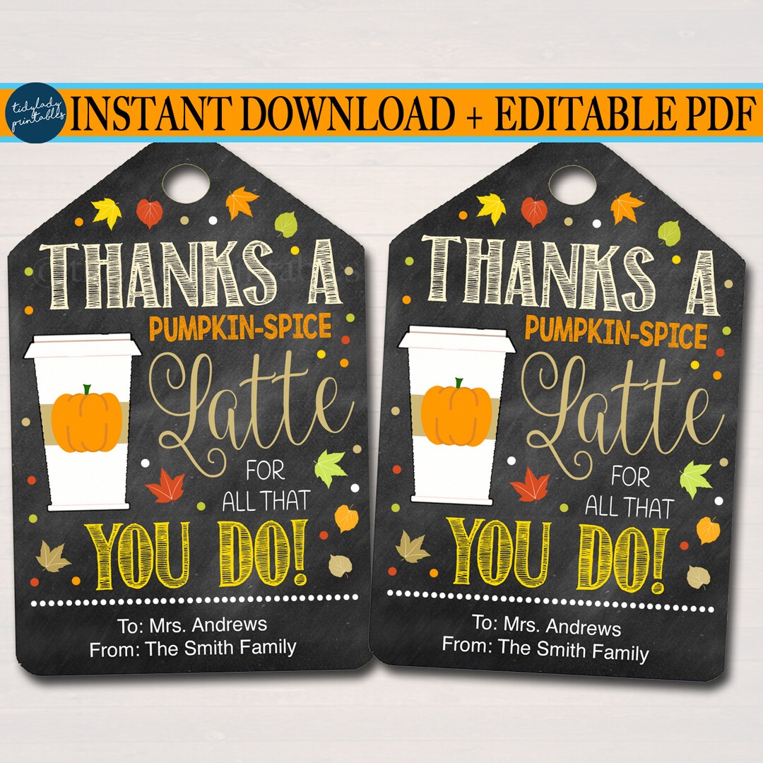 Fall Coffee Gift Tags, Thanks a Latte for All You Do, Grateful Thankful ...