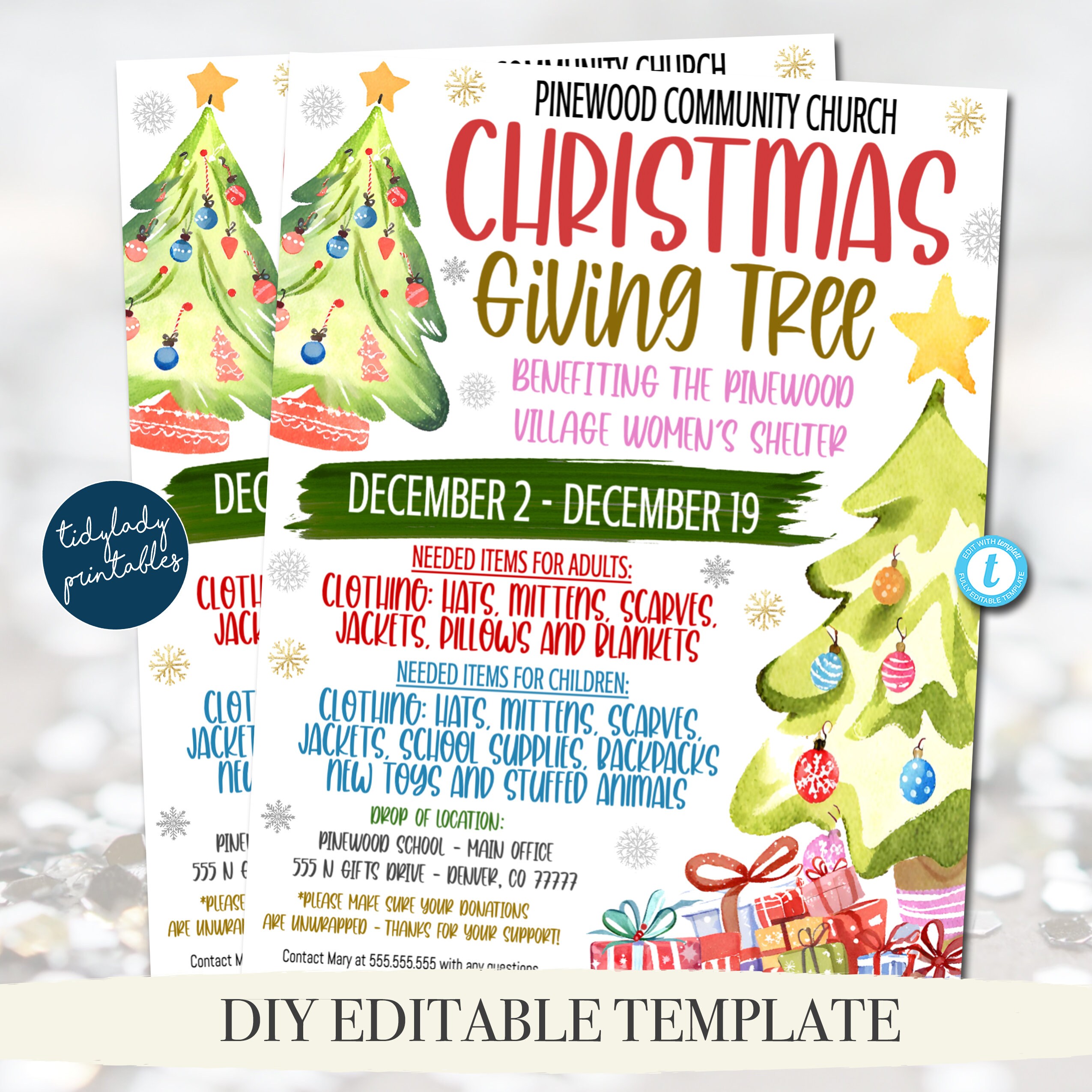 Christmas Angel Tree Fundraiser Flyer: Printable Charity Event Invite ...