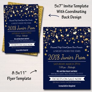 EDITABLE Prom Set, Dance Flyer Invitation Ticket Starry Night, Gold Glitter Under the Stars High ...
