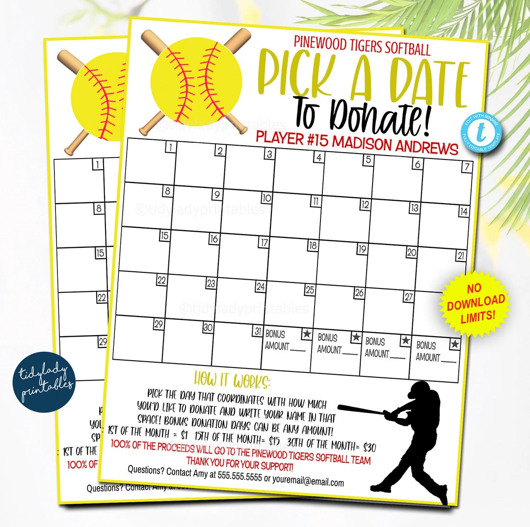 Editable Softball Pick a Date to Donate Calendar (printable Digital ...