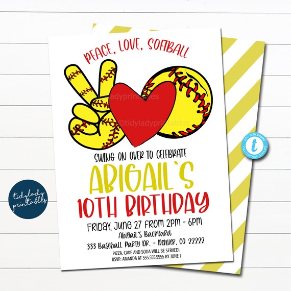 Softball Birthday Invitation, Peace Love Softball, Editable team pool ...