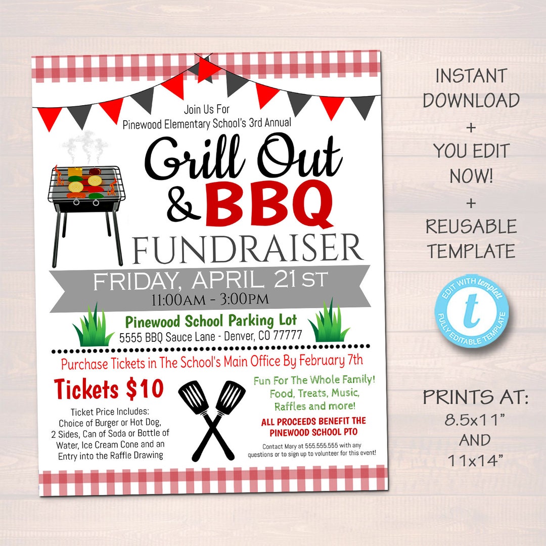BBQ Grill Out Fundraiser Flyer Poster Set: Editable Template (instant ...