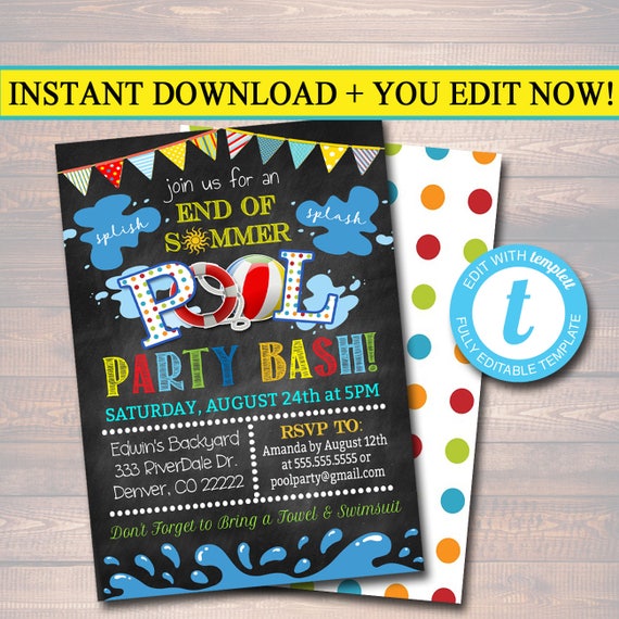 EDITABLE End of Summer Pool Party Invitation, Printable Digital Invite ...