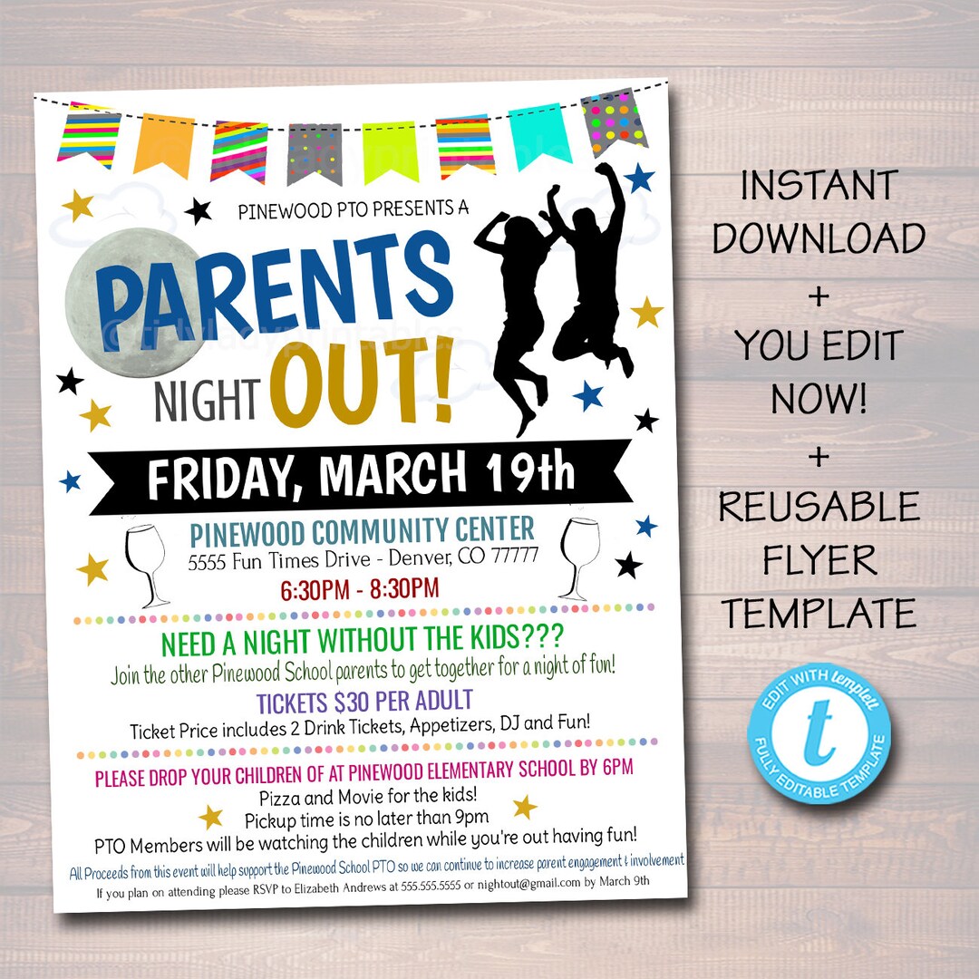 Editable Parents Night Out Flyer: School Fundraiser PTA PTO Event ...
