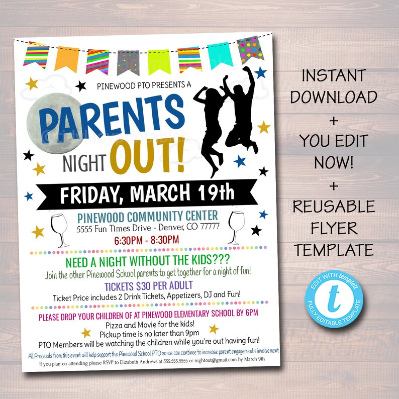 Buy EDITABLE Parents Night Out Flyer Printable PTA PTO School Online In 
