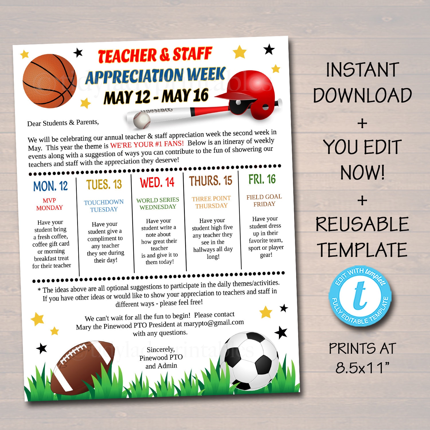 Editable Sports Theme Teacher Appreciation Staff Invitation Newsletter ...