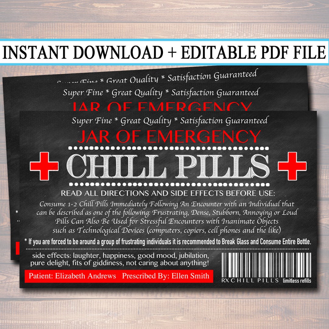 EDITABLE Chill Pills Label, Funny Gag Gift Professional Office Gift ...