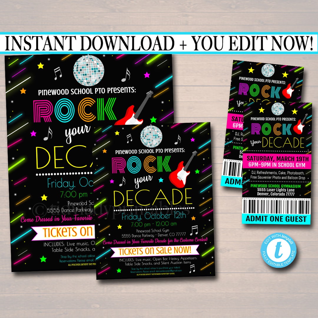 Rock the Decade Dance Flyer Set: Editable School Event (digital ...