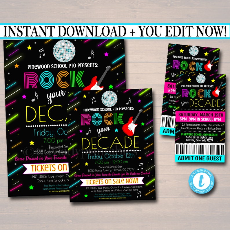 Rock the Decade Dance Flyer Set: Editable School Event (digital ...