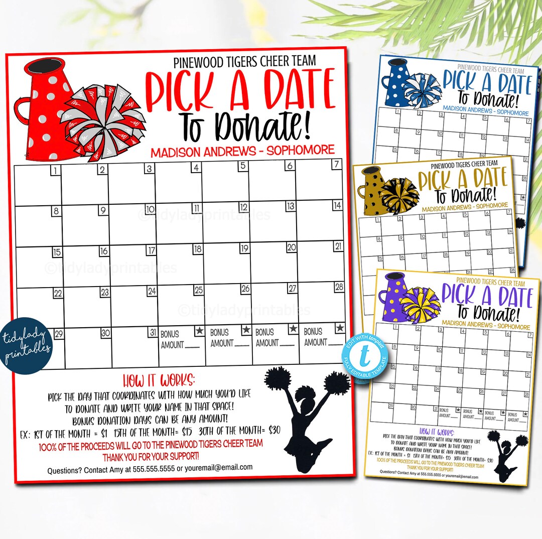 EDITABLE Cheer Pick a Date to Donate Printable, Cheerleader Fundraiser ...
