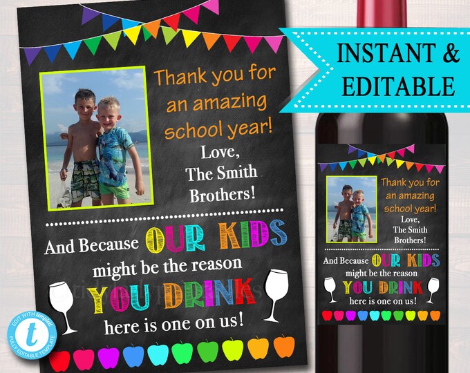 EDITABLE Teacher Gift End of School Year Wine Label INSTANT - Etsy