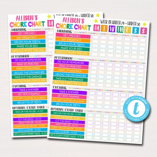 Editable Kids Checklist Daily Task List Customizable Chore - Etsy