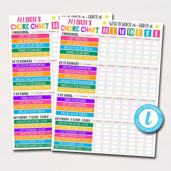 Kids Chore Chart Checklist Daily Weekly Routine Schedule Checklist, Boy ...