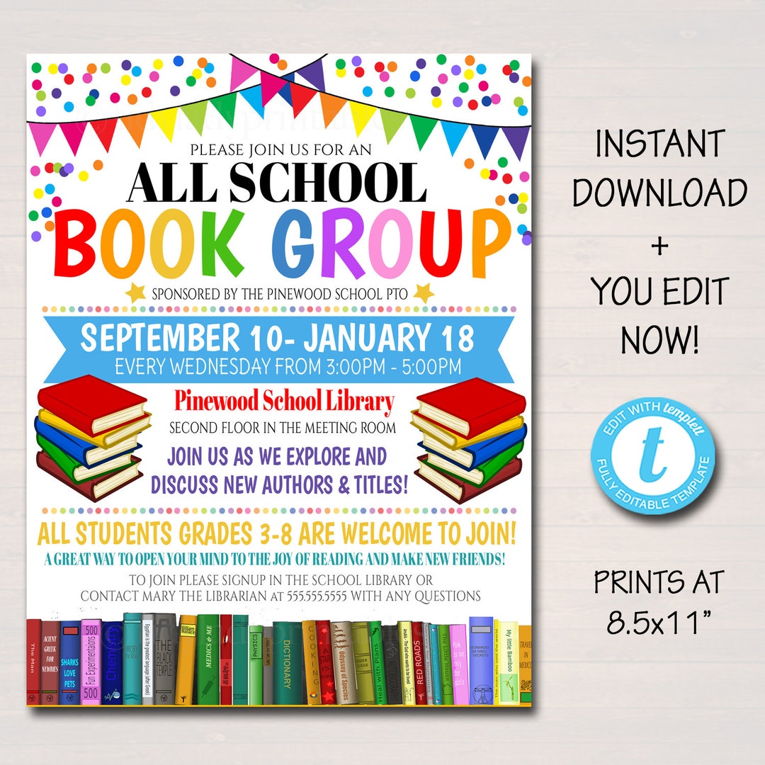 EDITABLE Book Club Flyer, Family Literacy Night, Printable PTA PTO ...