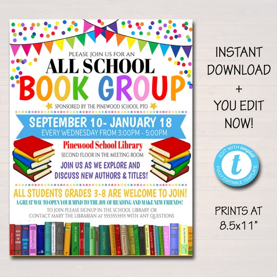 EDITABLE Book Club Flyer, Family Literacy Night, Printable PTA PTO ...