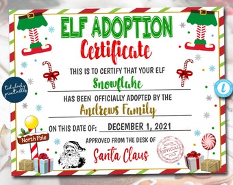 Elf Adoption Certificate Printable, Christmas Kids Holiday Elf Ideas ...
