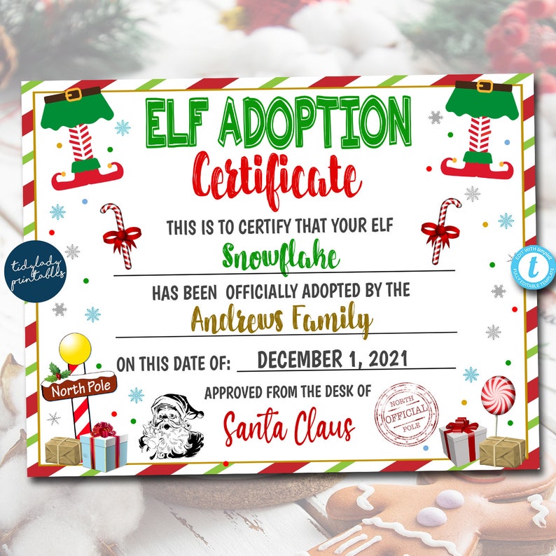 Elf Adoption Certificate Printable Christmas Kids Holiday Elf - Etsy