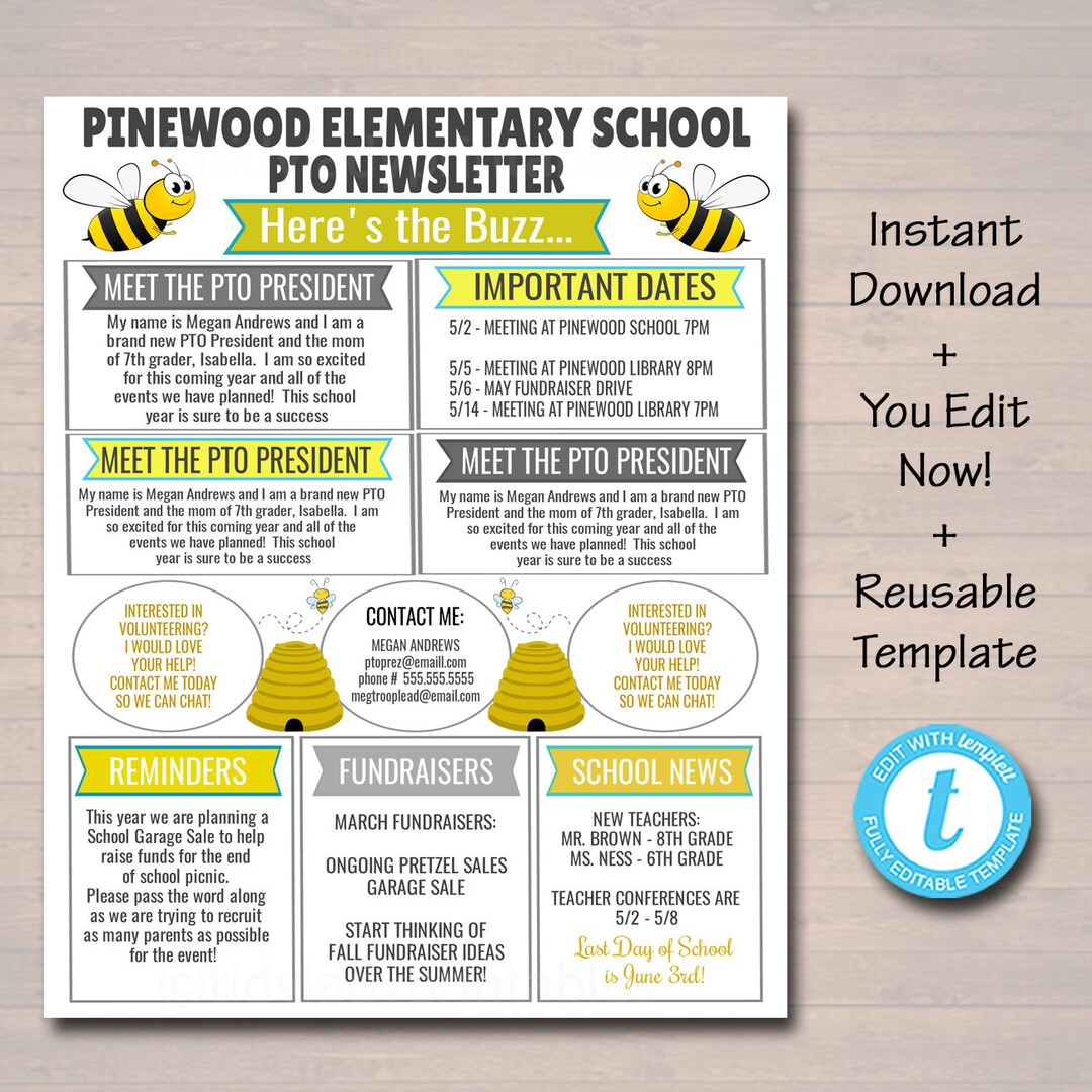 School PTO PTA Newsletter Flyer, Bee Theme Classroom Printable Handout ...