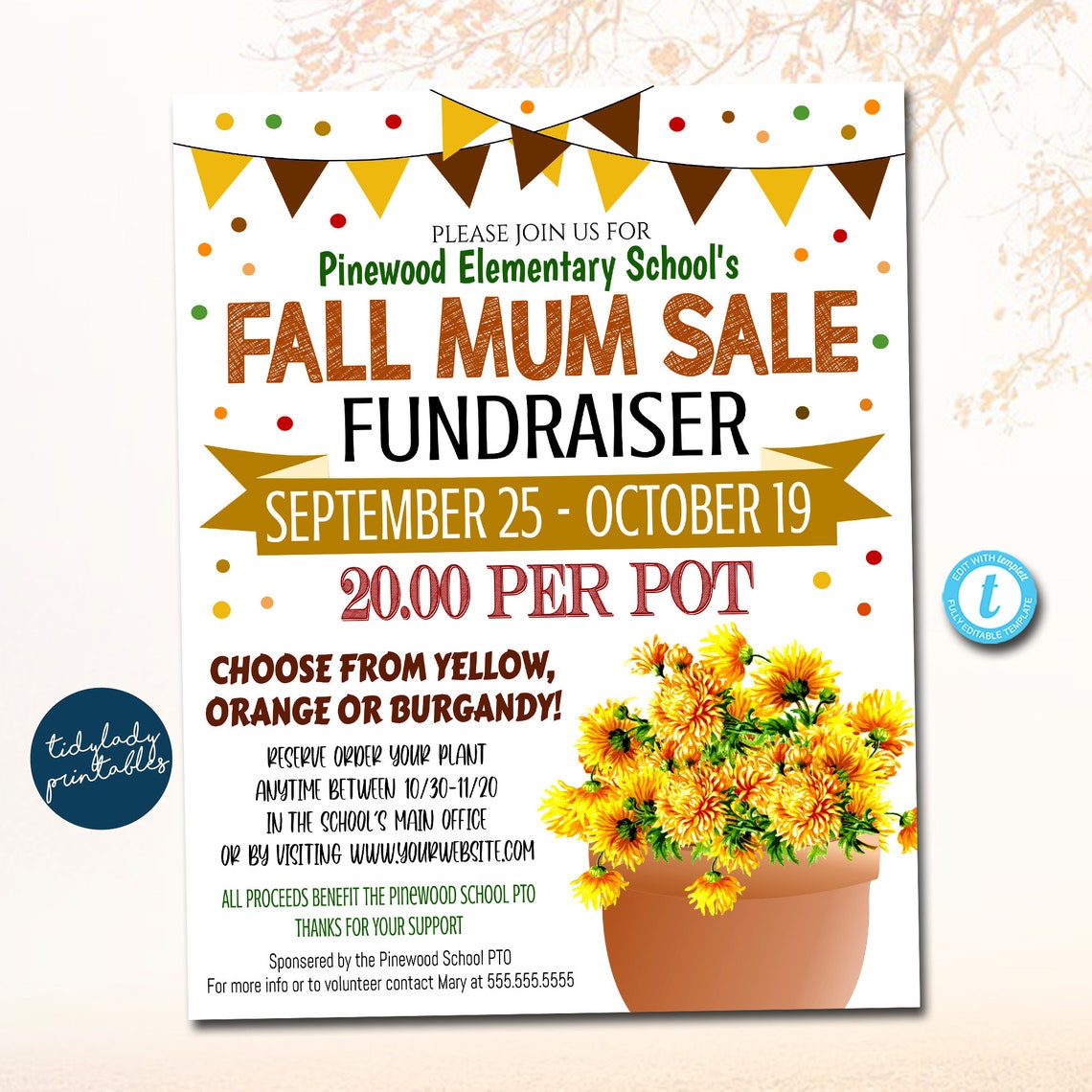 Fall Mum Sale Fundraiser Flyer Template, School PTA, PTO Church ...