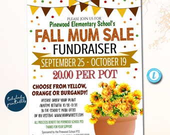 Editable Fall Mum Sale Fundraiser Flyer Template, School PTA, PTO Church Fundraiser Flyer, Plant ...
