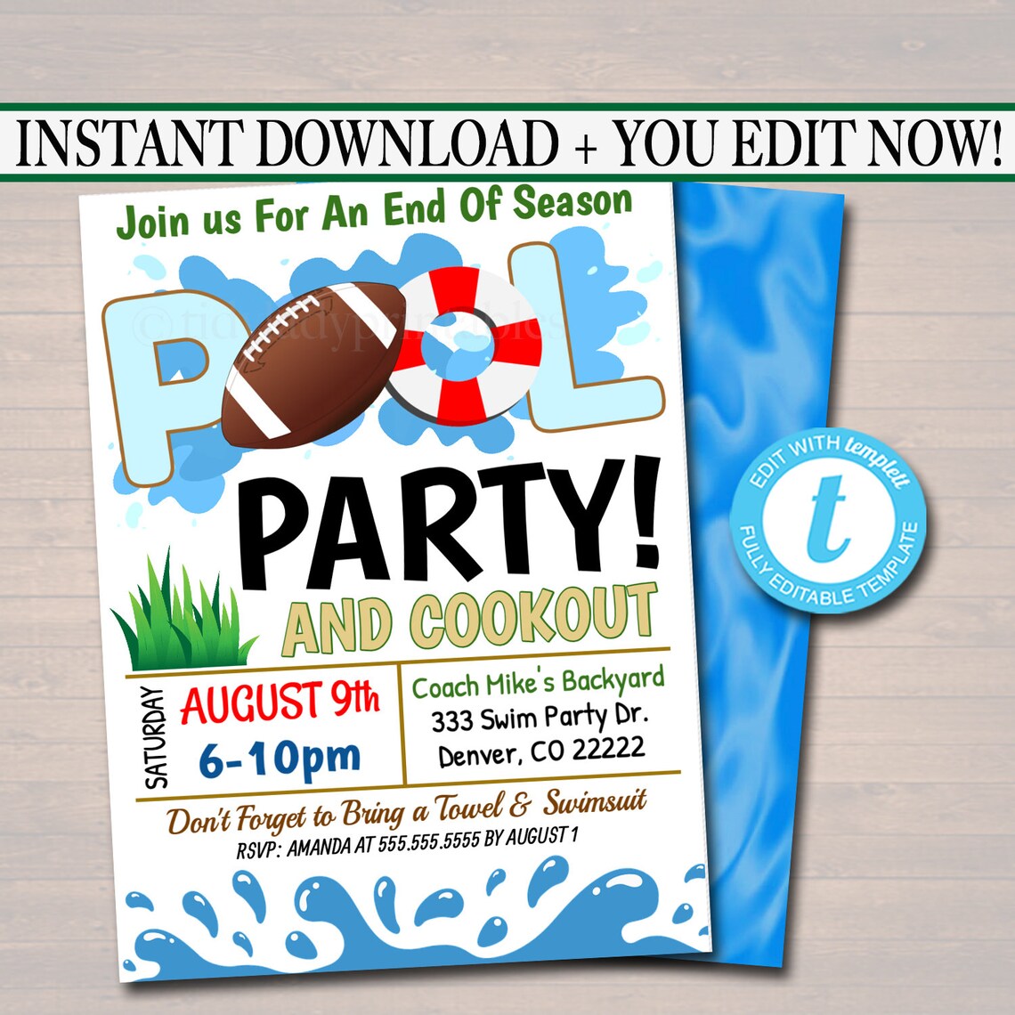 EDITABLE Summer Pool Football Party Invitation Printable - Etsy