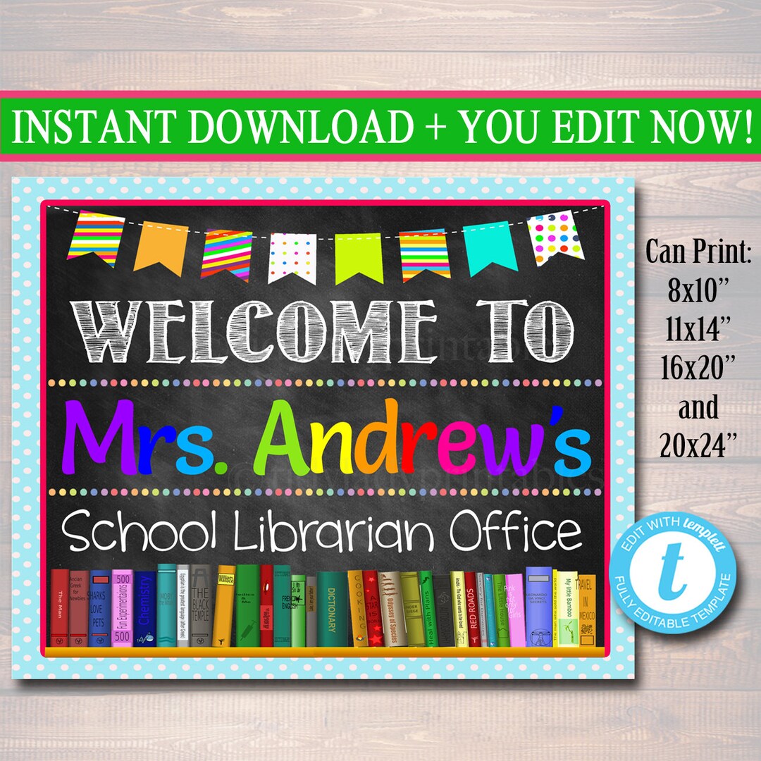 Editable School Librarian Door Sign: Library Decor (digital Download ...