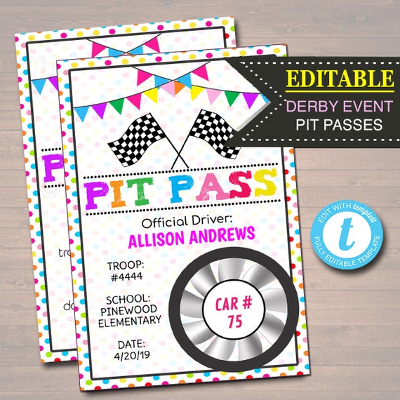 EDITABLE Derby Pit Passes INSTANT DOWNLOAD, Troop Activity, School ...