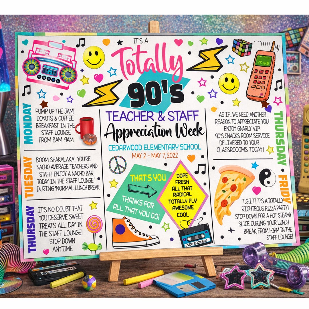 80s 90s Theme Teacher Appreciation Week Itinerary, Retro Throwback Old ...