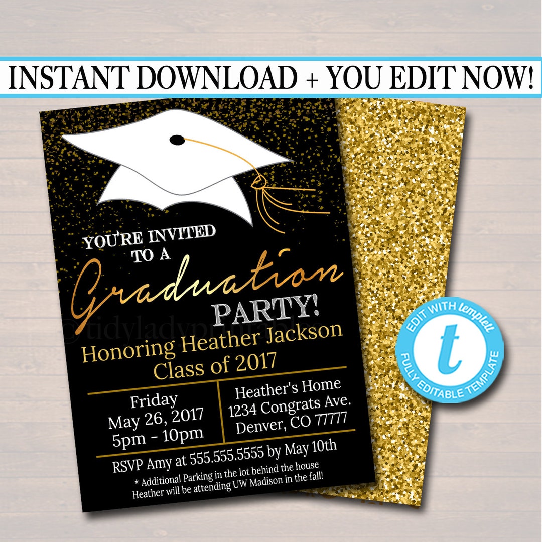 Editable Graduation Party Invitation: Black and Gold (digital Invite ...