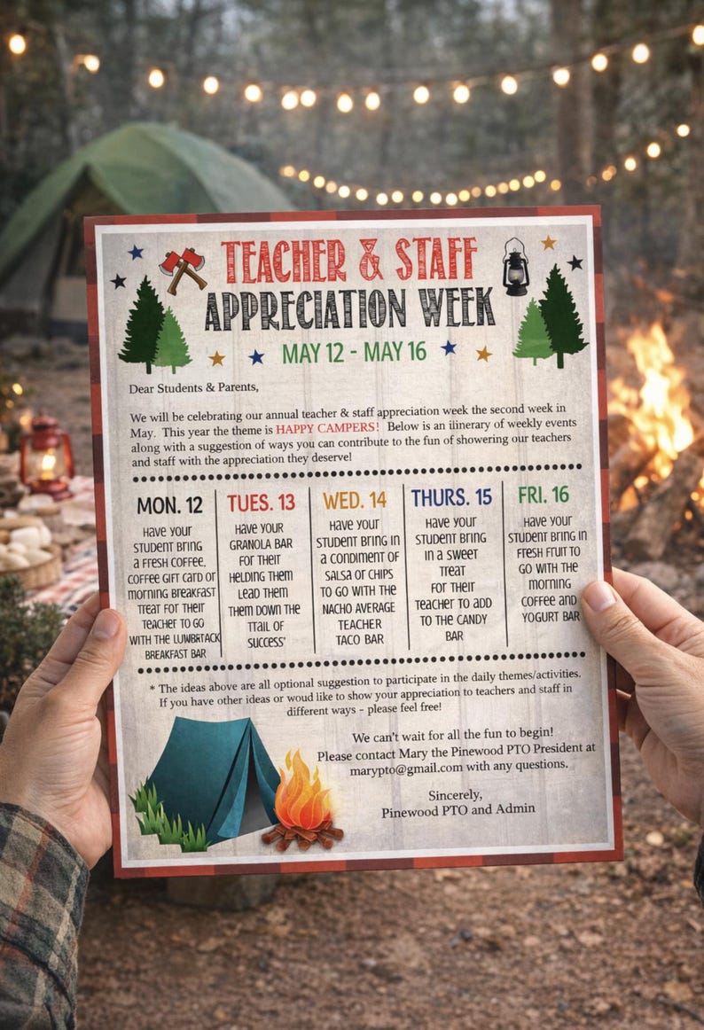 Camp Theme Teacher Appreciation Week Newsletter: Editable Itinerary ...