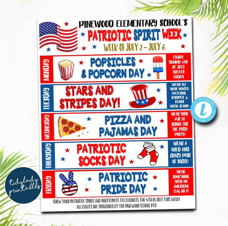Patriotic Spirit Week Itinerary: 4th of July School Planner (editable ...
