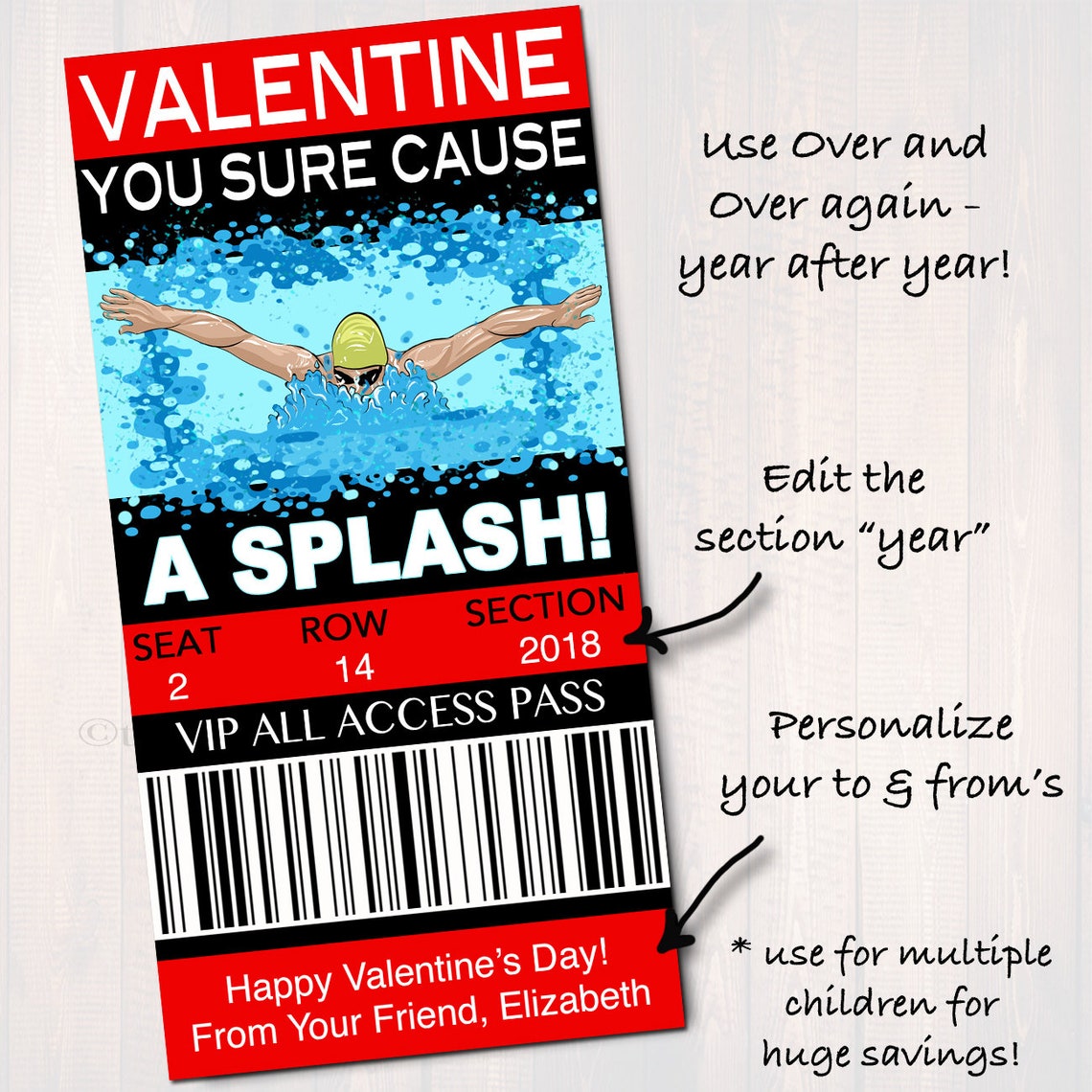 EDITABLE Swimmer Ticket Valentine's Day Cards INSTANT - Etsy