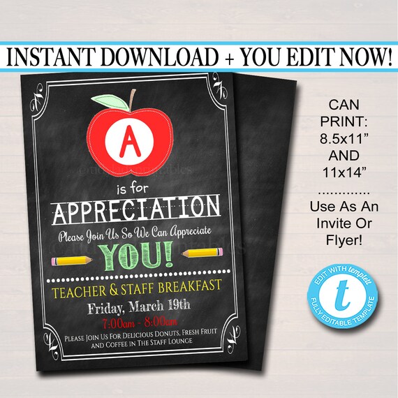 Editable Teacher Appreciation Staff Invitation, Chalkboard Printable ...