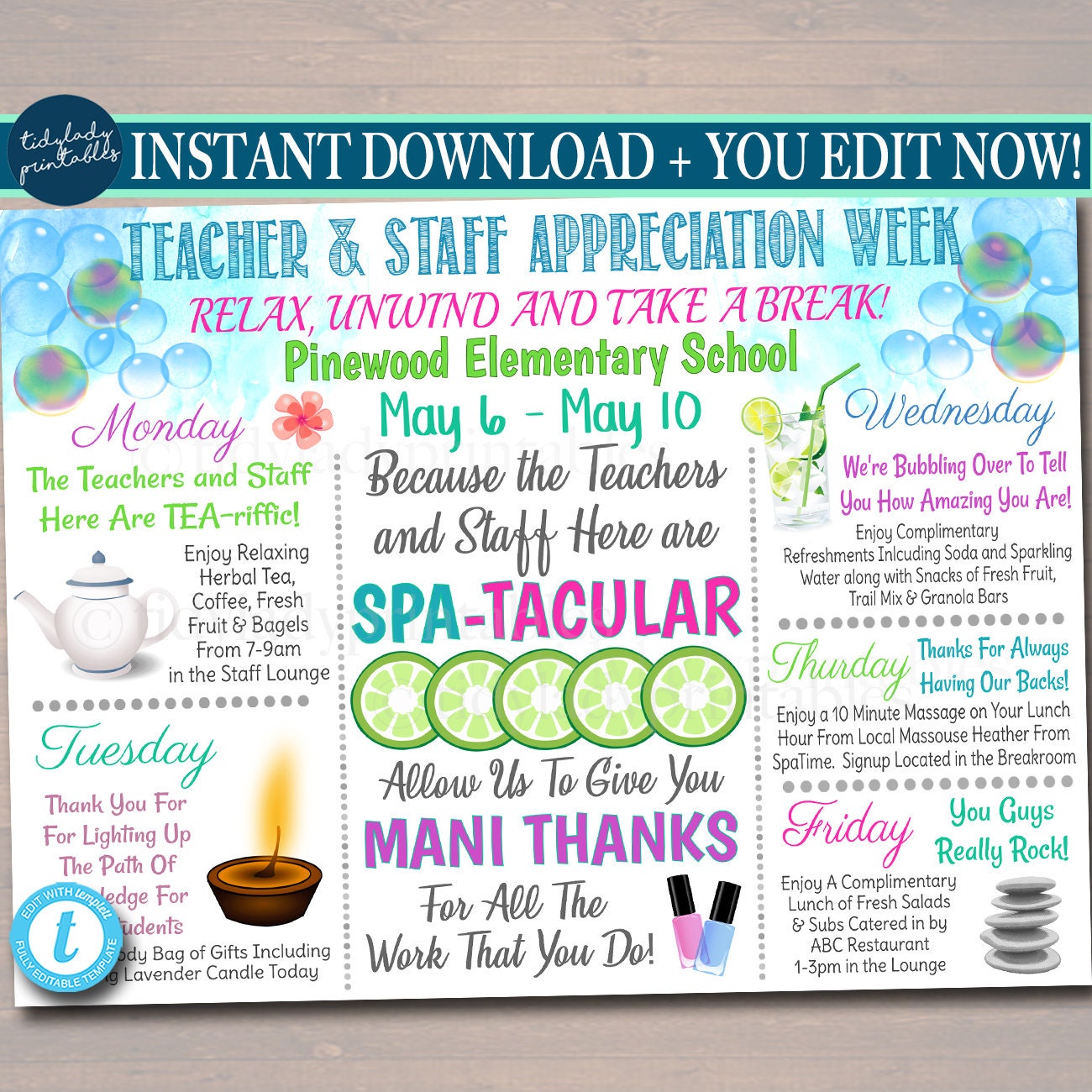EDITABLE Spa Themed Teacher Appreciation Week Itinerary | Etsy