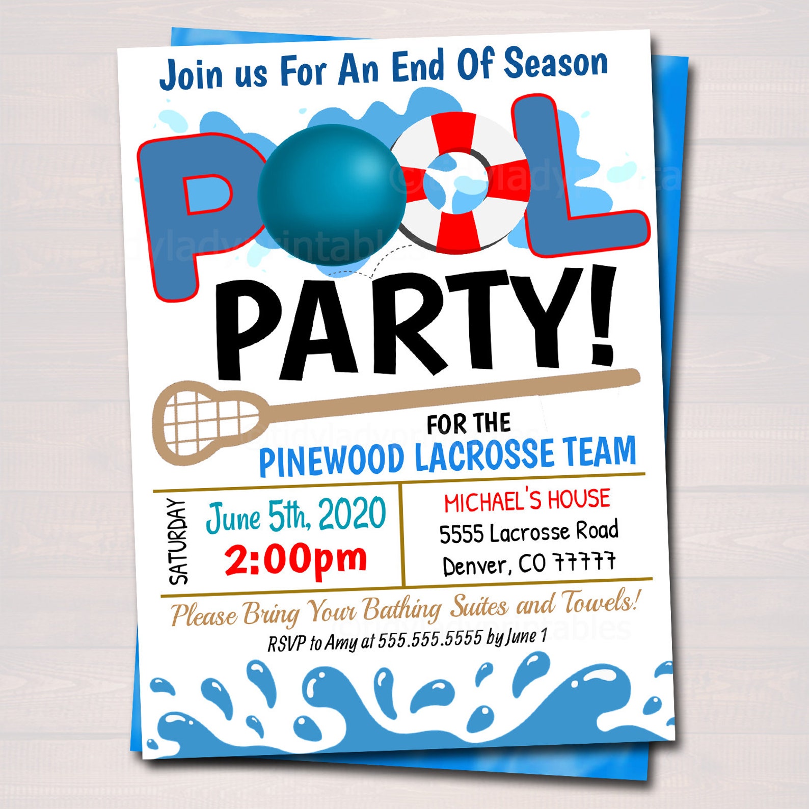 EDITABLE Summer Pool Lacrosse Party Invitation Printable - Etsy