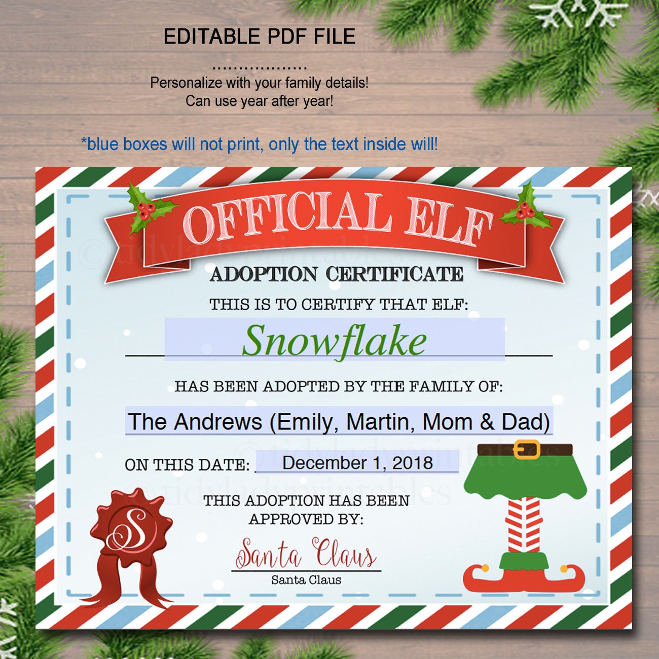 Editable Elf Adoption Certificate: North Pole Printable (instant ...