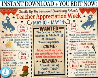 Western Themed Teacher Appreciation Week Itinerary Poster, Wild West ...