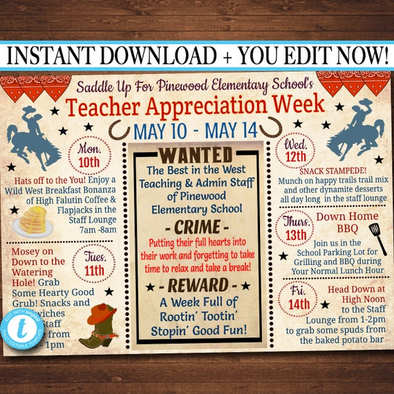 EDITABLE Western Themed Teacher Appreciation Week Itinerary Poster ...