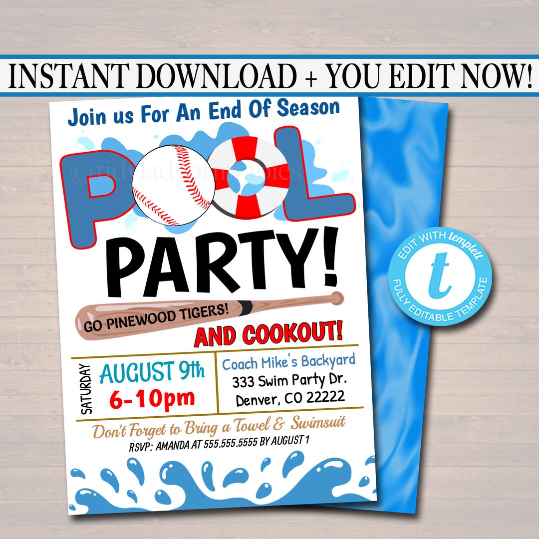 Baseball Pool Party Invitation: Editable Team BBQ, End of Season ...