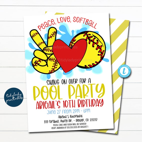 Softball Birthday Invitation, Peace Love Softball, Editable team pool ...