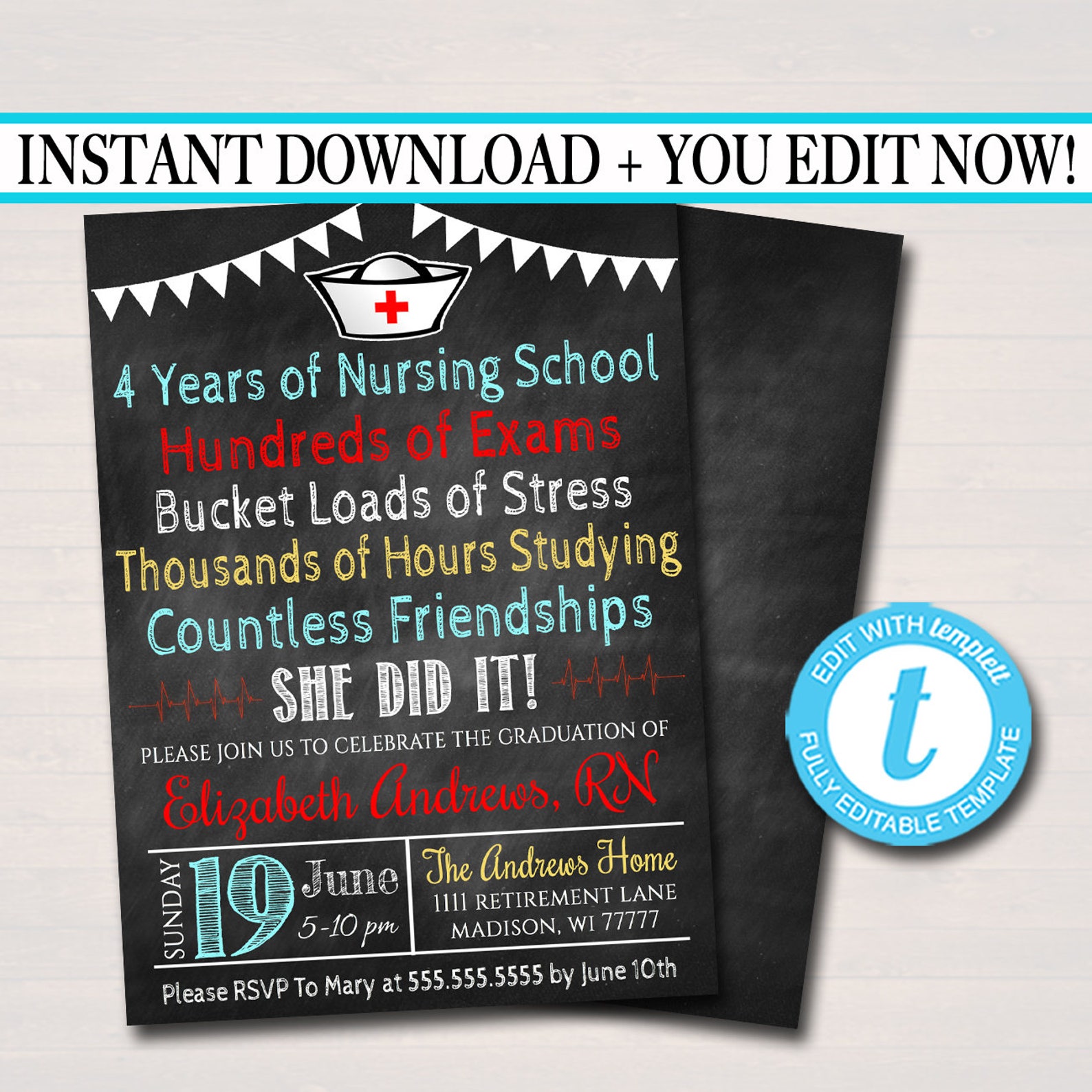 Editable Nurse Graduation Invitation: Chalkboard Style (digital ...