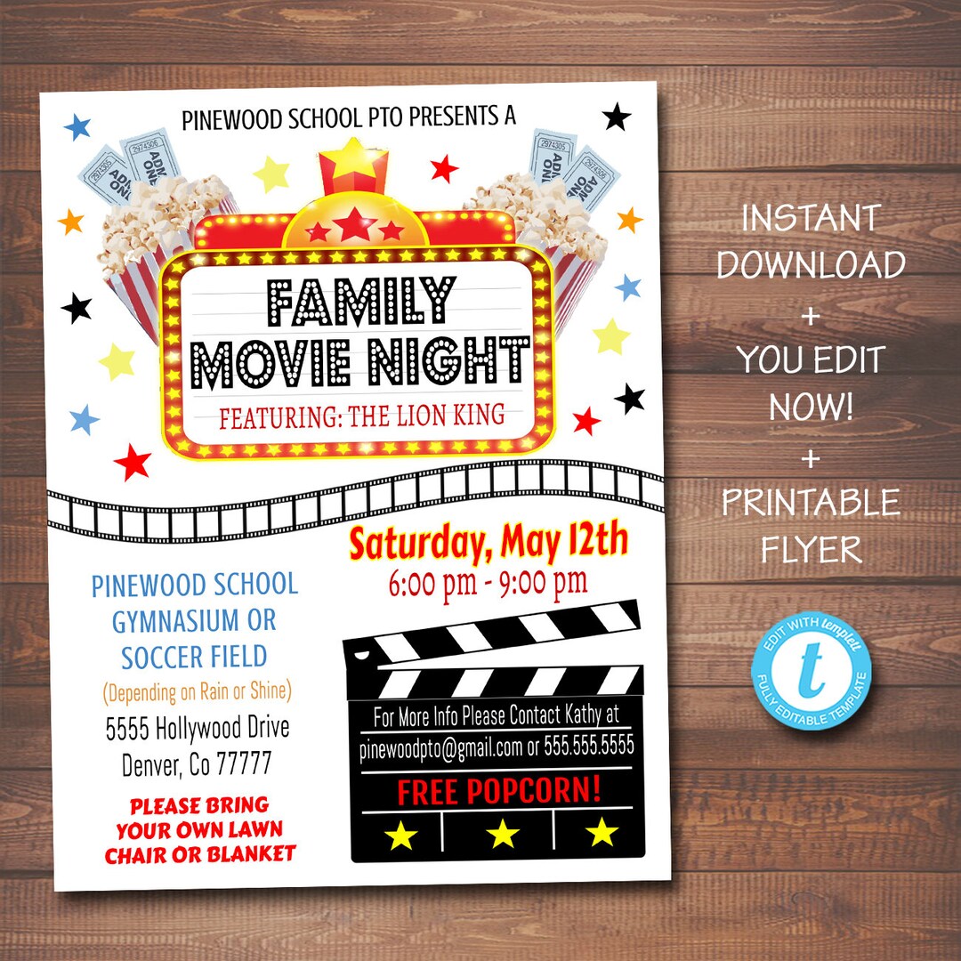 Editable Movie Night Flyer: School PTA PTO Event (printable) - Etsy